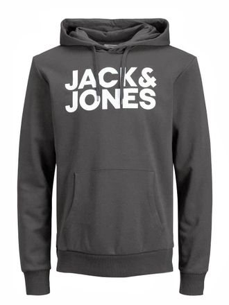 Jack & Jones Herren JJECORP Logo Sweat Hood, Asphalt/Large Print/W White, XXXL