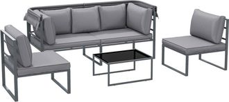 OUTSUNNY Salon de jardin 5 places 4 pi&egrave;ces - canap&eacute; avec auvent r&eacute;tractable - coussins d&eacute;houssables gris