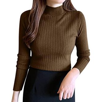 Generic Sous-v&ecirc;tement en tricot pour femme &agrave; manches longues avec col montant - T-shirt en tricot c&ocirc;tel&eacute; &agrave; manches longues uni, col roul&eacute;, sweat-shirt basique