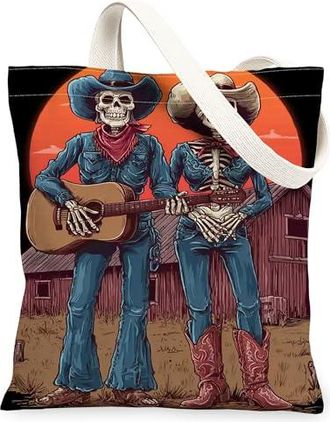 Generic Sac fourre-tout vintage en toile, motif cowboy artistique, r&eacute;utilisable, l&eacute;ger et lavable avec bandouli&egrave;re, noir, 13x15 Inch