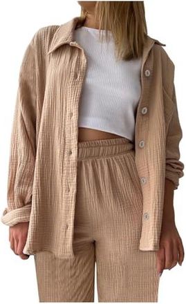 Generic Ensemble 2 pi&egrave;ces textur&eacute; d&eacute;contract&eacute; pour femme avec chemise boutonn&eacute;e et pantalon &agrave; cordon de serrage Tenue de d&eacute;tente Surv&ecirc;tement d&eacute;t&eacute; Vacances Ess