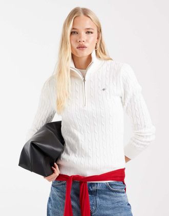 GANT pull demi-zip en maille torsad&eacute;e en coton stretch blanc cass&eacute;-Rose