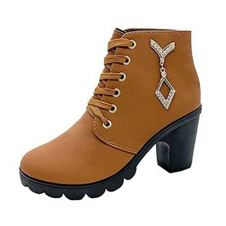 Generic Chaussures pour femme &agrave; talon haut &eacute;pais Nude Bottes de randonn&eacute;e en daim Hauteur genou en ville Marche Campagne Randonn&eacute;e Cheville Fermeture &Eacute;clair D