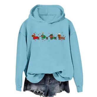 Generic Sweat à capuche de Noël à manches longues pour femme, col rond, décontracté, chaud, manches longues, pour entraînement, fête, cadeaux de Noël, bleu cl