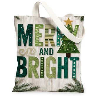 Generic Sac fourre-tout en toile motif arbre de No&euml;l, sacs d&eacute;picerie r&eacute;utilisables, l&eacute;gers et lavables avec bandouli&egrave;re pour voyage, vert, 13x15 Inch