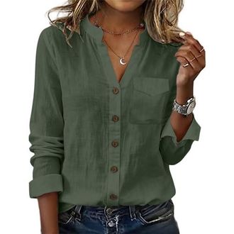 Generic Chemise boutonn&eacute;e en lin pour femme, col mandarin, manches longues, tunique d&eacute;contract&eacute;e avec poche de poitrine, hauts d&eacute;contract&eacute;s, vert militaire, X