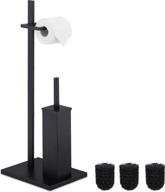 Relaxdays WC Garnitur, stehender Toilettenpapierhalter, Stahl, Klobürste mit Bürstenhalter, 3 Wechselköpfe, schwarz