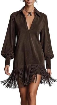 Generic Robe d&eacute;contract&eacute;e &agrave; manches longues et col en V avec franges et poches pour femme, marron, XXL