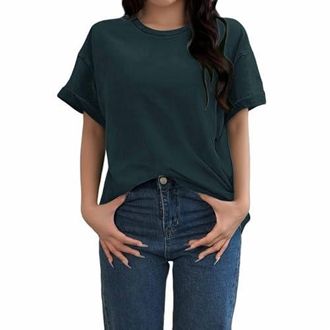 Generic T-shirt en coton pour femme - T-shirt uni &agrave; manches courtes - T-shirt basique &agrave; col rond - T-shirt d&eacute;t&eacute; confortable et doux - Tunique ample - Pour les