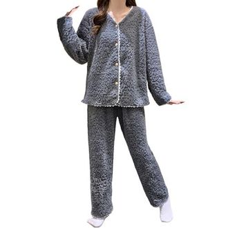 Generic Pijamas Femme Hiver Sexy, Pyjama dhiver en Flanelle Douce pour Nuits Froides Tenue De D&eacute;Tente &Eacute;L&eacute;Gante &agrave; Manches Longues avec Motif Jacquard Confortab