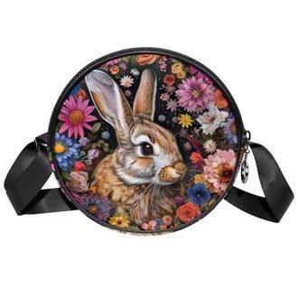 Generic Petit sac &agrave; bandouli&egrave;re circulaire pour femme, motif floral, lapin, sac &agrave; dos &agrave; bandouli&egrave;re avec fermeture &eacute;clair, bretelles r&eacute;glables, sac &agrave; main ron