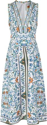 Farm Rio Farm Rio, Femme, Robes, Multicolore, Taille: 38 FR Flora Tile Scalloped Linen Midi Dress