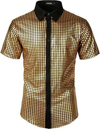 JOGAL Chemise à paillettes boutonnée à manches courtes pour homme, costume de fête disco années 70, doré, XXL