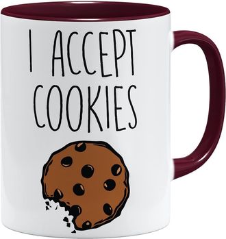 OM3 I Accept Cookies Statement Tasse mit Spruch - Keramik Becher - 11oz 325ml - Beidseitig Bedruckt - Bordeaux