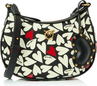 Pinko Damen Half Moon Mini FL Nylon St. Herzen Tasche, Zf6q_Schwarz/Wei&szlig;/Rot-Antik Gold