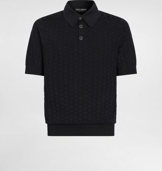 Dolce & Gabbana Micro-dot Stitch Silk Polo Shirt - Mann Strickwaren Blau 56