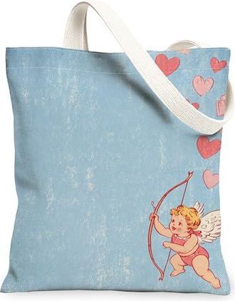 Generic Sac fourre-tout vintage en toile avec motif coeur pour la Saint-Valentin, sac &agrave; provisions r&eacute;utilisable, l&eacute;ger et lavable, bleu, 13x15 Inch