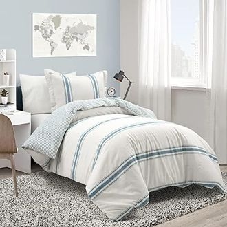 Lush Décor Farmhouse Stripe Back to Campus 2-teiliges Bettbezug-Set, 100% Baumwolle, Twin-XL, Blau