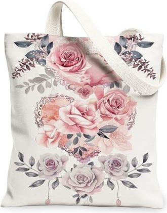 Generic Sacs fourre-tout en toile florale, sacs &agrave; provisions r&eacute;utilisables, motif rose coeur, vintage, romantique, l&eacute;ger, lavable, bandouli&egrave;re Ca, blanc, 13x1