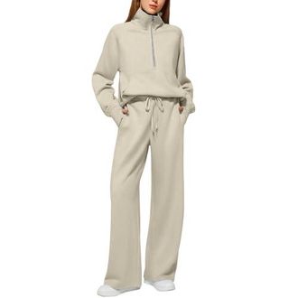 Generic Ensemble de surv&ecirc;tement d&eacute;contract&eacute; deux pi&egrave;ces pour femme avec demi-fermeture &eacute;clair et pantalon &agrave; jambes larges, surv&ecirc;tement en lin et coton, tenue 