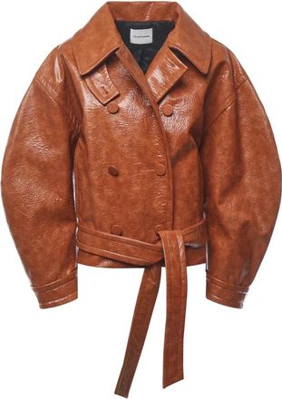 Andamane Femme, Vestes, Brun, Taille: 36 FR Manteau marron en simili cuir gaufré à double boutonnage