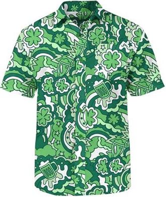 Generic Chemise hawa&iuml;enne pour homme - Tr&egrave;fle vert - Imprim&eacute; tr&egrave;fle - Manches courtes - Style d&eacute;contract&eacute; - Motif floral - Cadeau irlandais amusant, B-vert., 