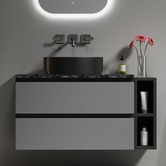 Generic Waschtisch mit Waschbecken 80 cm H&auml;ngend Badm&ouml;bel Set Schwarz Grau Marmorplatte Schwarzes Aufsatzbecken Badezimmerschrank Grifflos Modernes Design