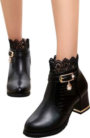 Minetom Damen Pumps Schuhe Elegant Spitze Blumen Blockabsatz rutschfest Mesh Strass Abend Party Braut Schuhe Stiefel F Schwarz 36 EU