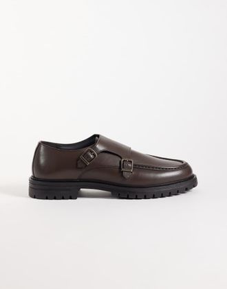 Asos Chaussures derby en cuir &agrave; deux brides et semelle crant&eacute;e - Marron