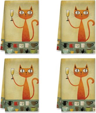 Generic K&uuml;chent&uuml;cher mit Katzenmotiv, verspielte Glastassen, Orange, schnell trocknend, Geschirrt&uuml;cher f&uuml;r K&uuml;che, Trocknung, Kabinendekoration, 40,6 x 61 cm, 