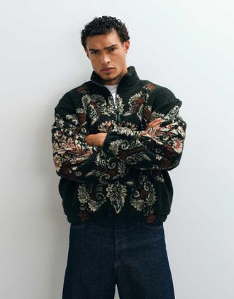 Asos sweat-shirt relaxed zipp&eacute; en imitation peau de mouton avec imprim&eacute; tapisserie, vert