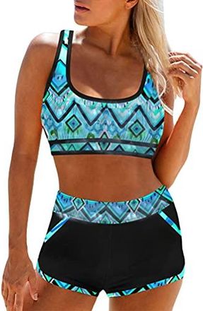 Onsoyours Bikini Femme 2 PièCes Sexy Tankinis Dos Nu Sport Bikinis Maillot De Bain Ensembles Taille Haute Licou de Bain Bikini Imprimé Swimwear de Plage A Bleu 