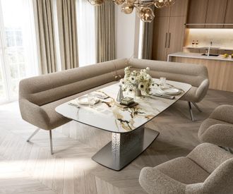 DELIFE Esszimmerbank Taya-Flex 285x190 cm Boucl&eacute; Schlamm Kreuzgestell kantig Edelstahl Taschenfederkern Links, B&auml;nke