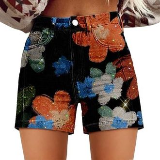 Generic Short en jean extensible taille haute extensible à ourlet roulé pour femme - Style rétro - Imprimé floral - Style décontracté - Pour lété - Classique 