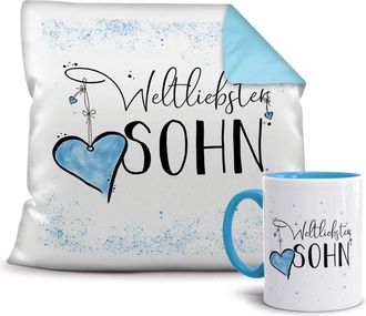 Tassendruck Geschenkset f&uuml;r den Weltliebsten Sohn - Tasse und Kissen - Himmelblau/Verwandte/Geschenk-Idee/Liebling/Familie