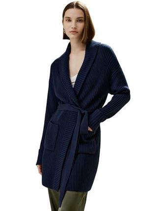 LilySilk Cardigan 100 % laine m&eacute;rinos pour femme avec col ch&acirc;le, devant ouvert et ceinture &agrave; nouer, manches longues, cardigan avec poches, Bleu marine, L