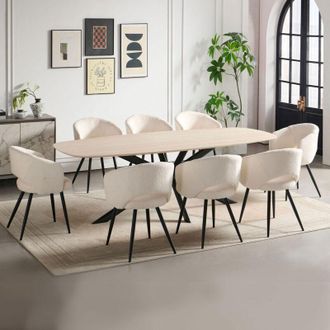 M&S Collection Ensemble table 240cm effet travertin + 8 chaises tissu bouclette blanc