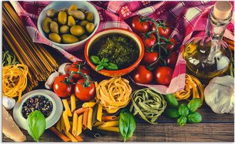 Artland ARTland Spritzschutz Küchenrückwand aus Alu für Küche Herd Spüle 90x55 cm (BxH) mit Motiv Essen Lebensmittel Italien Pasta Gemüse Tomaten Mediterran S