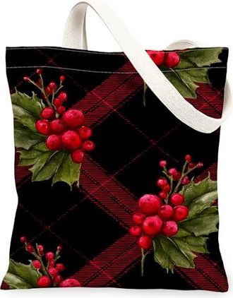 Generic Sacs fourre-tout festifs en toile, motif baies vintage, sacs de courses r&eacute;utilisables, l&eacute;gers et lavables en toile pour salle de sport, Noir/blanc, 13