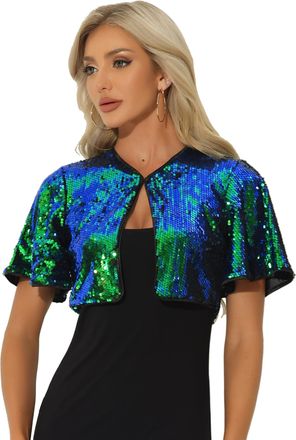 Allegra K Damen Bolero Pailletten Glitzer Shrug Party Crop Jacke Schwarz Blau Gr&uuml;n XS