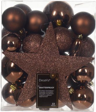 Kaemingk Decoris Weihnachtskugeln mit Christbaumspitze Stern, 33er Set, bruchsicher, espressobraun H&auml;ngedekoration