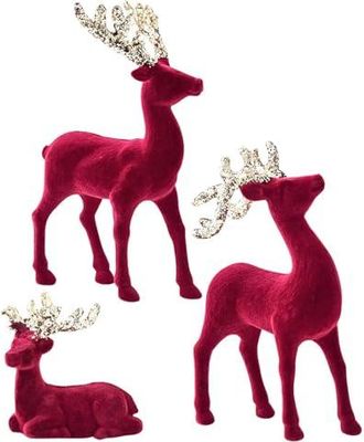 Generic Lot de 3 rennes de No&euml;l, ornement de renne rouge en velours, figurines d&eacute;lan, statue de renne de No&euml;l debout, d&eacute;coration de table exquise festive