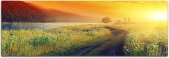 Paul Sinus Art Panoramabild auf Leinwand und Keilrahmen 150x50cm Landschaft Wiese Wald Morgensonne Weg