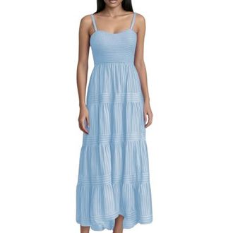 Generic Robe d&eacute;t&eacute; pour femme - Robe longue &agrave; rayures et bretelles spaghetti - Col carr&eacute; - Volants - Ligne A - Robe d&eacute;t&eacute; boh&egrave;me - Robe ample pour la plage, les