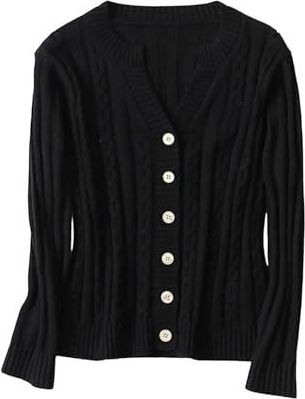 Generic Cardigan en tricot torsad&eacute; &agrave; manches longues et col en V pour femme, Noir/blanc, L