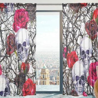 Mnsruu Fenster Vorh&auml;nge, Gardinen Platten Fenster Behandlung Set Voile Drapes T&uuml;ll Vorh&auml;nge Totenkopf 213 cm lang f&uuml;r Wohnzimmer Schlafzimmer Girl s Room 2 P