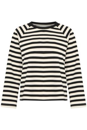 Ichi IHITIRA Damen Pullover Sweater Pulli mit Rundhals leicht elastisch Regular fit, Größe:M, Farbe:Black/Almond Milk Stripe (203899)