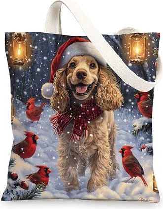 Generic Sac fourre-tout en toile r&eacute;utilisable pour le shopping, 33 x 38 cm, motif chiot cardinal de No&euml;l pour femme, peinture esth&eacute;tique de vacances, d&eacute;corati
