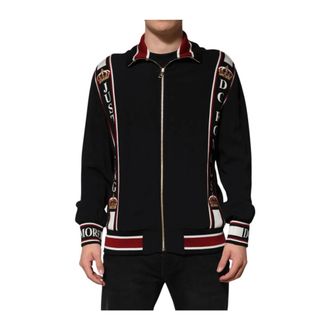 Dolce & Gabbana Homme, Vestes, Noir, Taille: 2XL Pull &agrave; Col Zipp&eacute; Entier avec Motif DG King