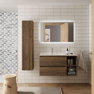 Cygnus Bath Meuble de salle de bain BEQUIA Plus 90cm Noyer Vasque Porcelaine Robinet &agrave; gauche